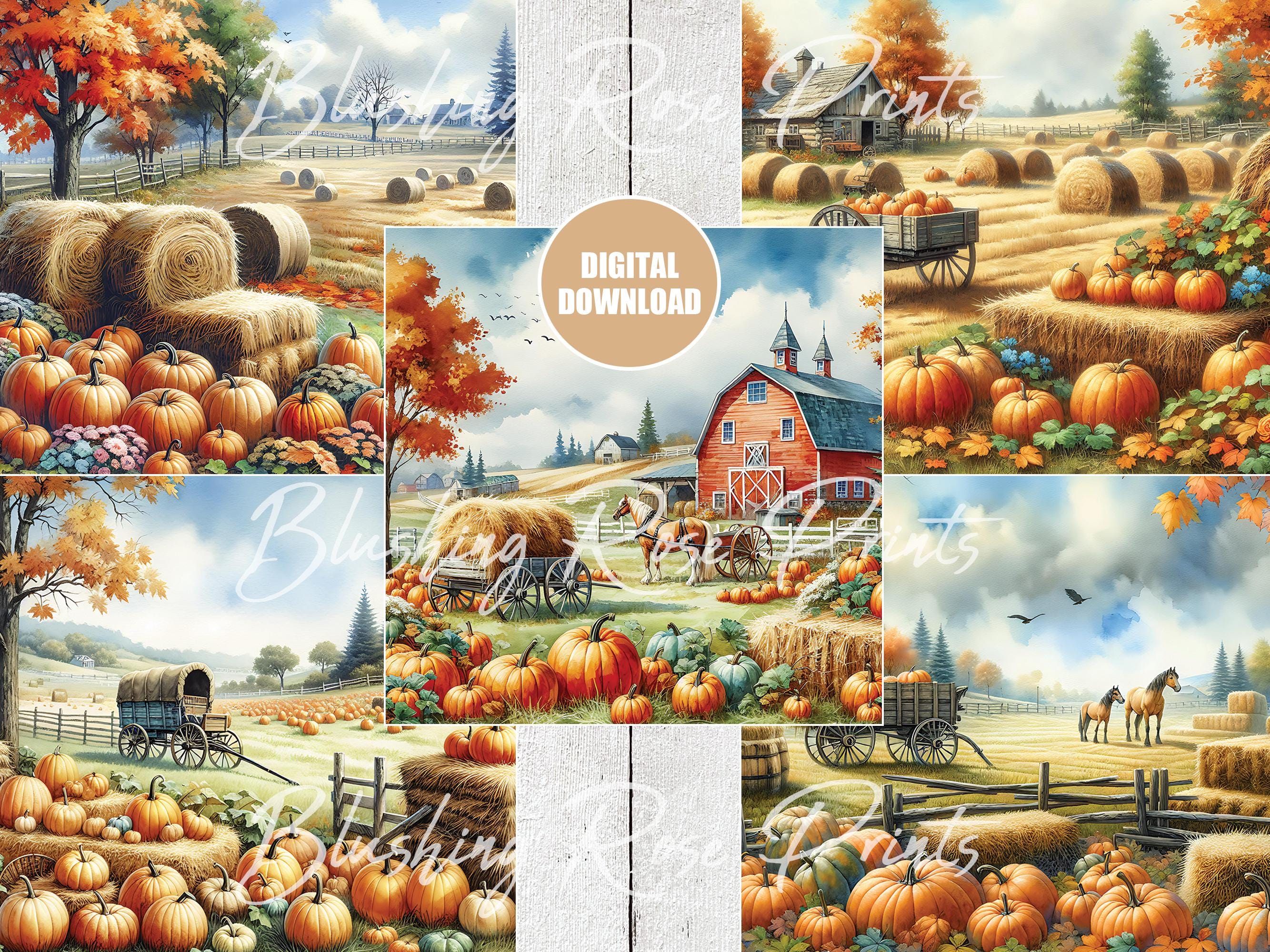 Fall Farm Backgrounds | Digital Paper | Autumn | Farm Scene | Pumpkins ...