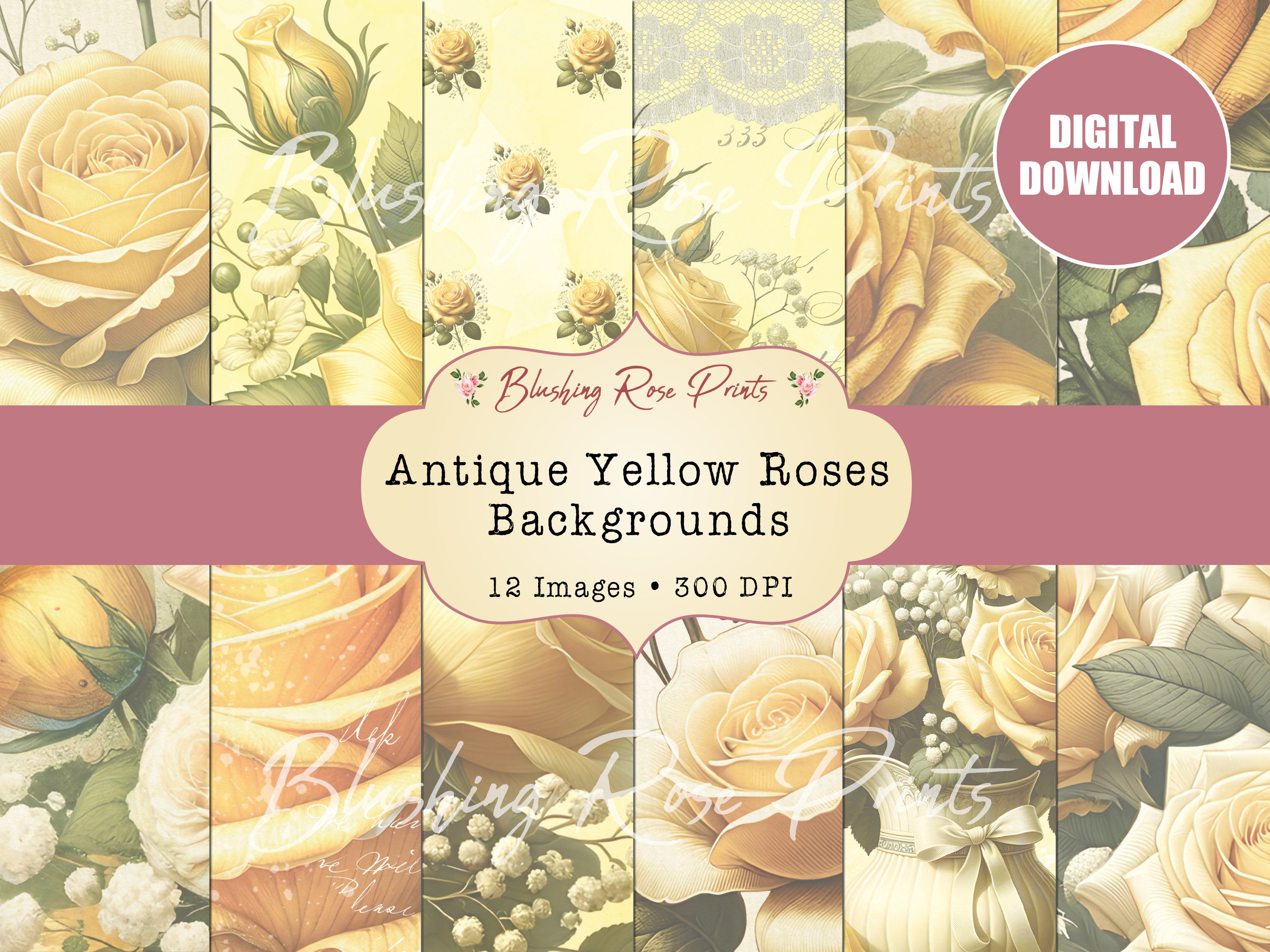 Antique Yellow Roses Background | Digital Paper Pack | Vintage Flowers ...