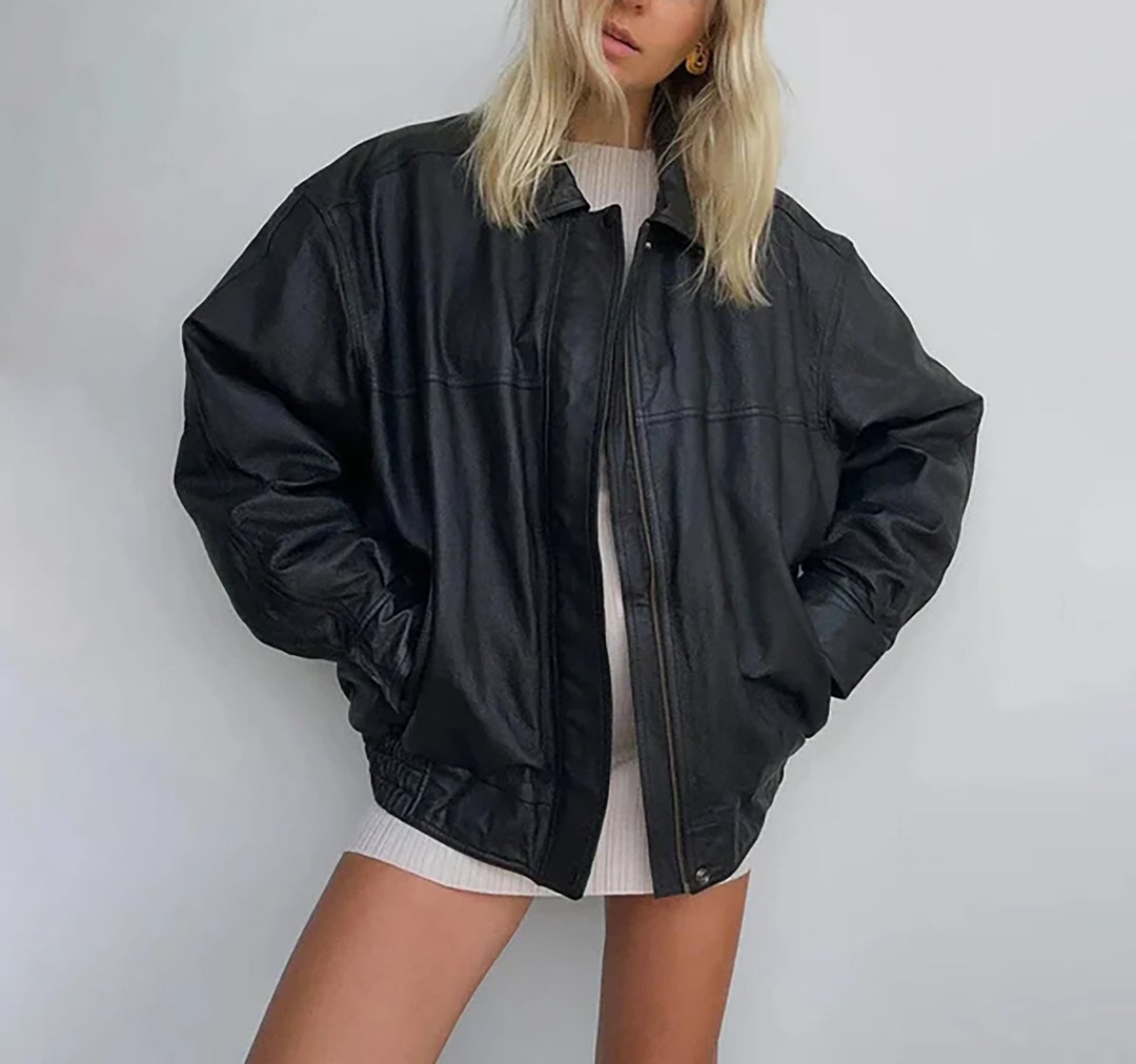 Ladies Leather Jacket, 90's Womens Vintage Oversized Straight Jacket, Women Biker Jacket, Ladies ...