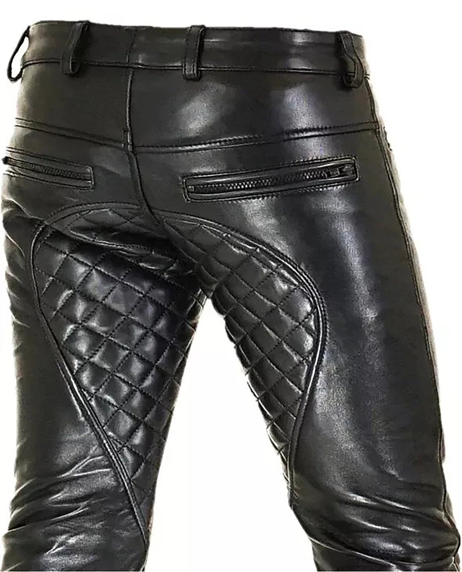 Men's Real Leather Quilted Panels Front & Back Pants Exposed Fly Zip ...