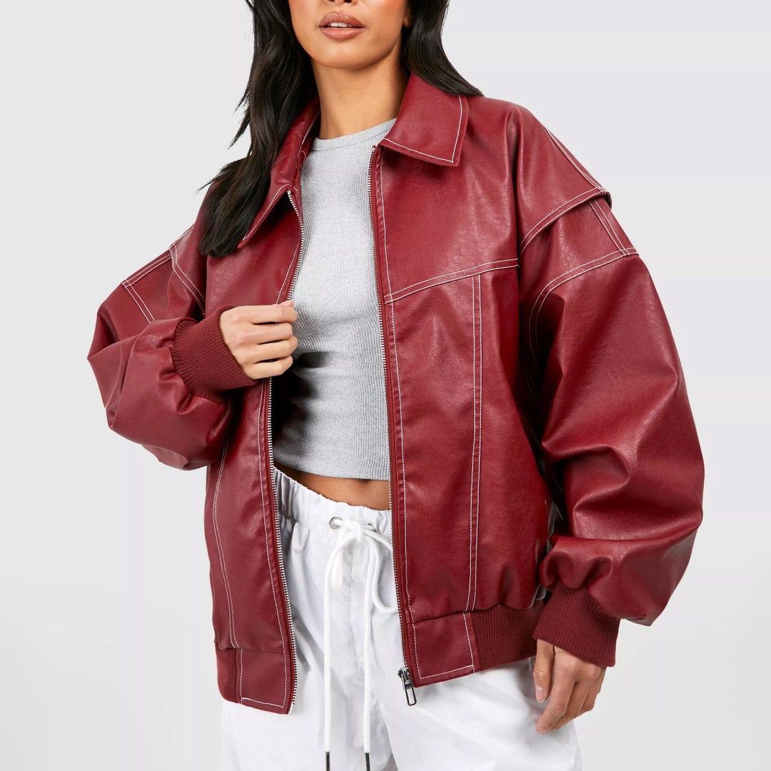 Women Handmade Red Oversize Bomber Lambskin Soft Real Leather Jacket ...