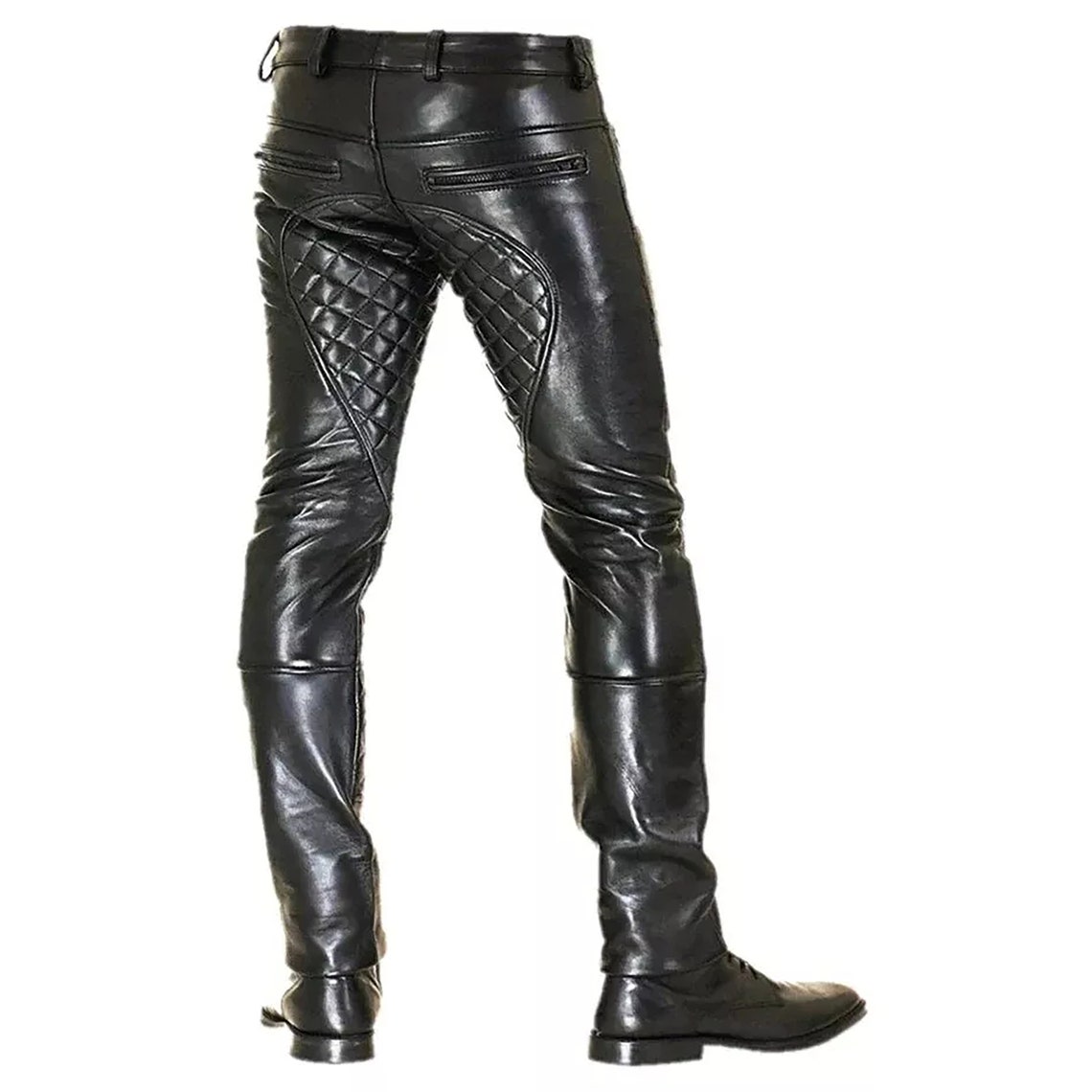 Men's Real Leather Quilted Panels Front & Back Pants Exposed Fly Zip ...