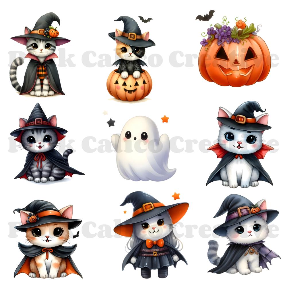 Halloween Cats Clipart: Costume Kittens, Ghost & Pumpkin (PNG Digital ...