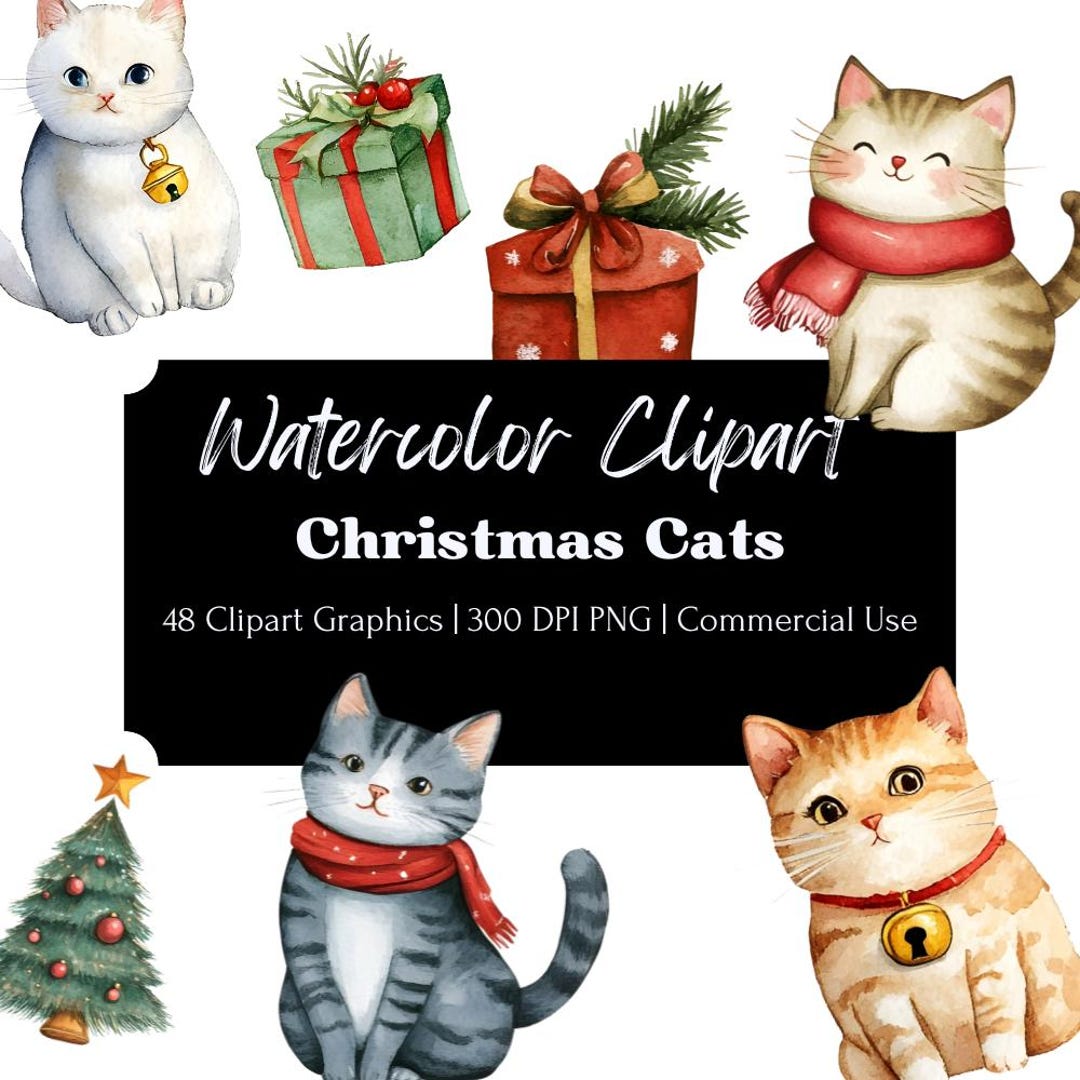 Watercolor Christmas Cats Clipart Bundle - Festive Cats, Holiday Trees ...
