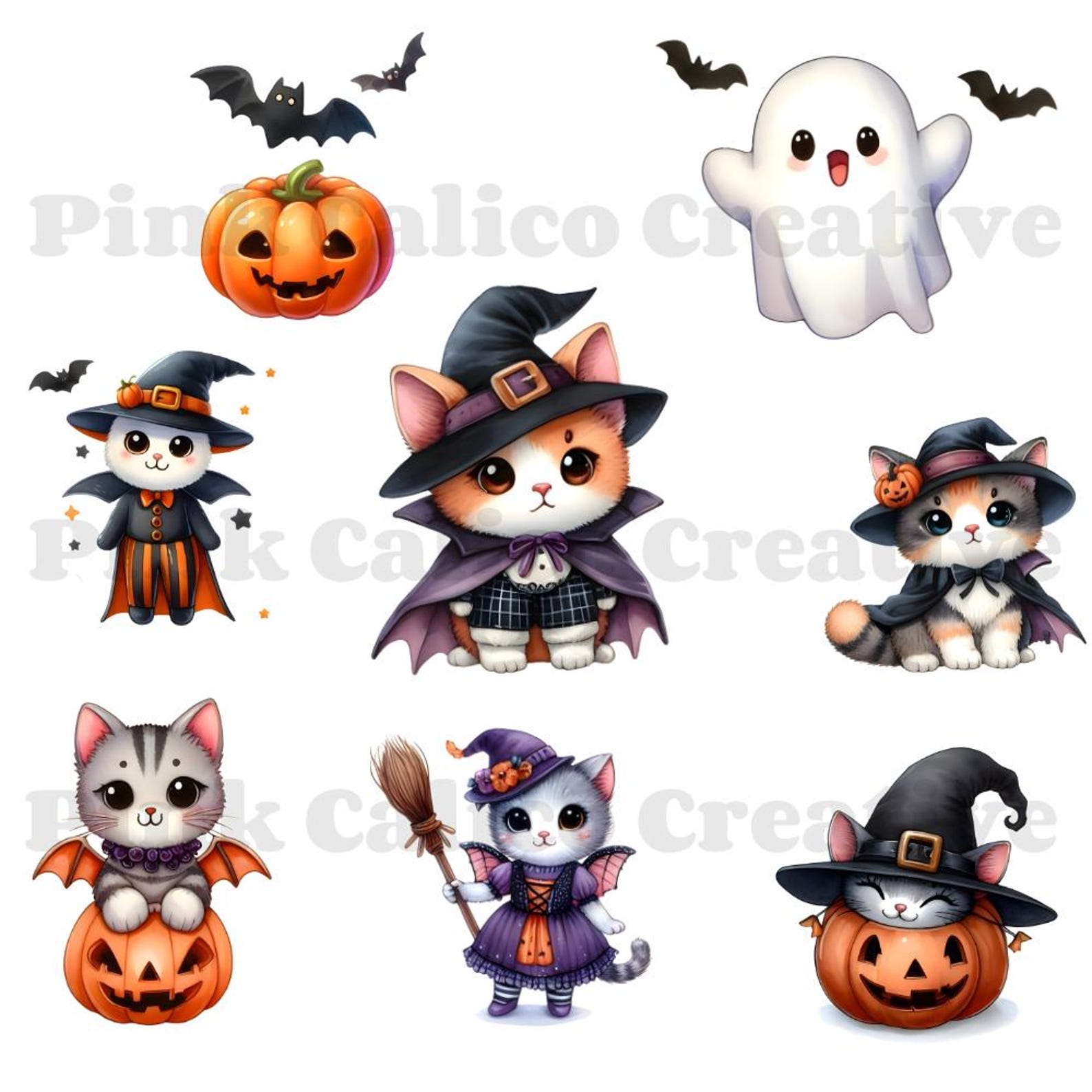 Halloween Cats Clipart: Costume Kittens, Ghost & Pumpkin (PNG Digital ...