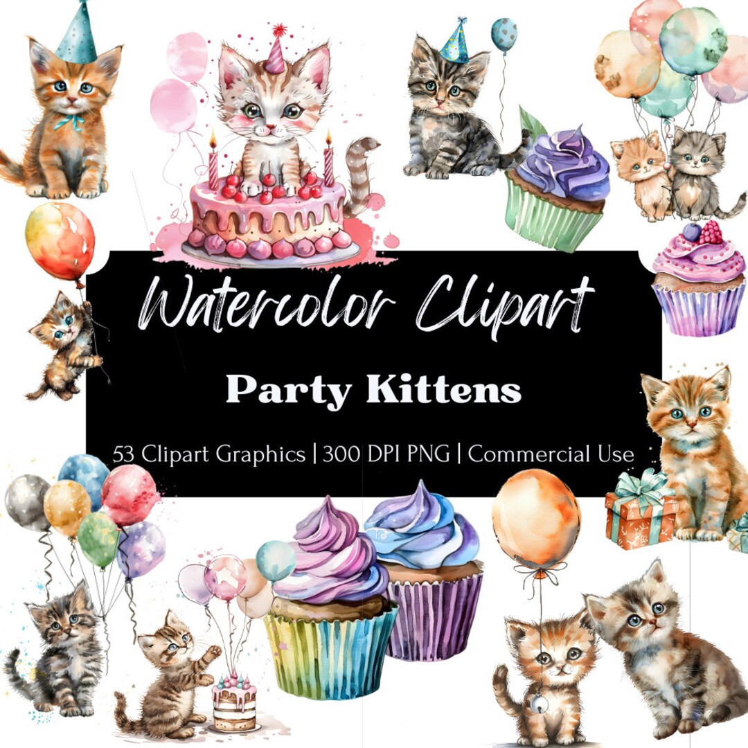 Watercolor Clipart: Party Kittens, Seamless Party Digital Paper, Party ...
