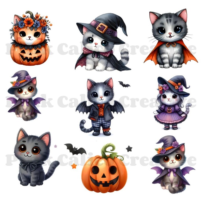 Halloween Cats Clipart: Costume Kittens, Ghost & Pumpkin (PNG Digital ...