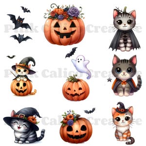 Halloween Cats Clipart: Costume Kittens, Ghost & Pumpkin (PNG Digital ...