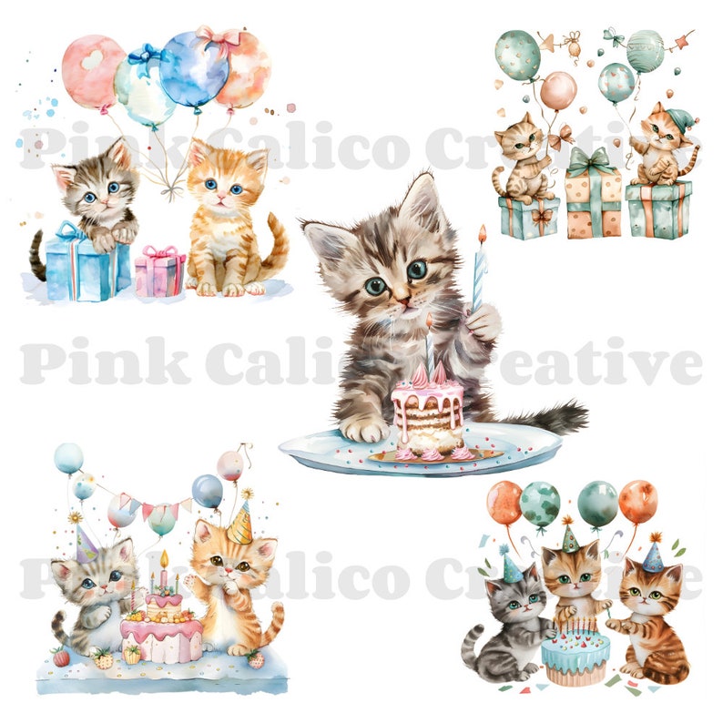 Watercolor Clipart: Party Kittens, Seamless Party Digital Paper, Party ...