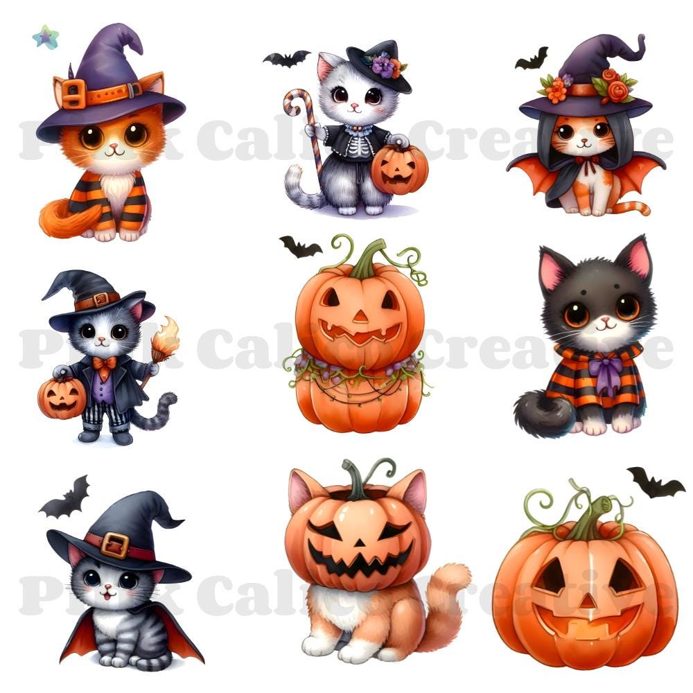 Halloween Cats Clipart: Costume Kittens, Ghost & Pumpkin (PNG Digital ...