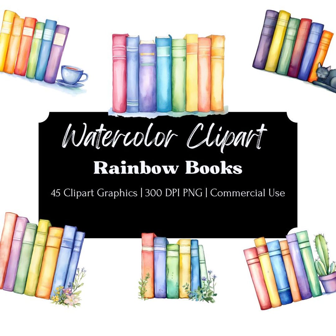 Watercolor Clipart: Rainbow Books, Featuring Cats, Cactus or ...
