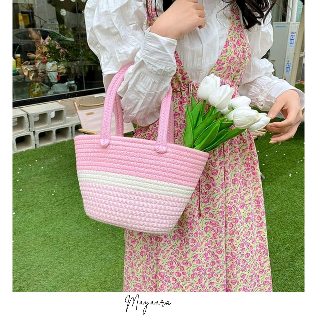 Fashionable Pink Twist Cotton Thread Woven Lightweight Handbag for ...