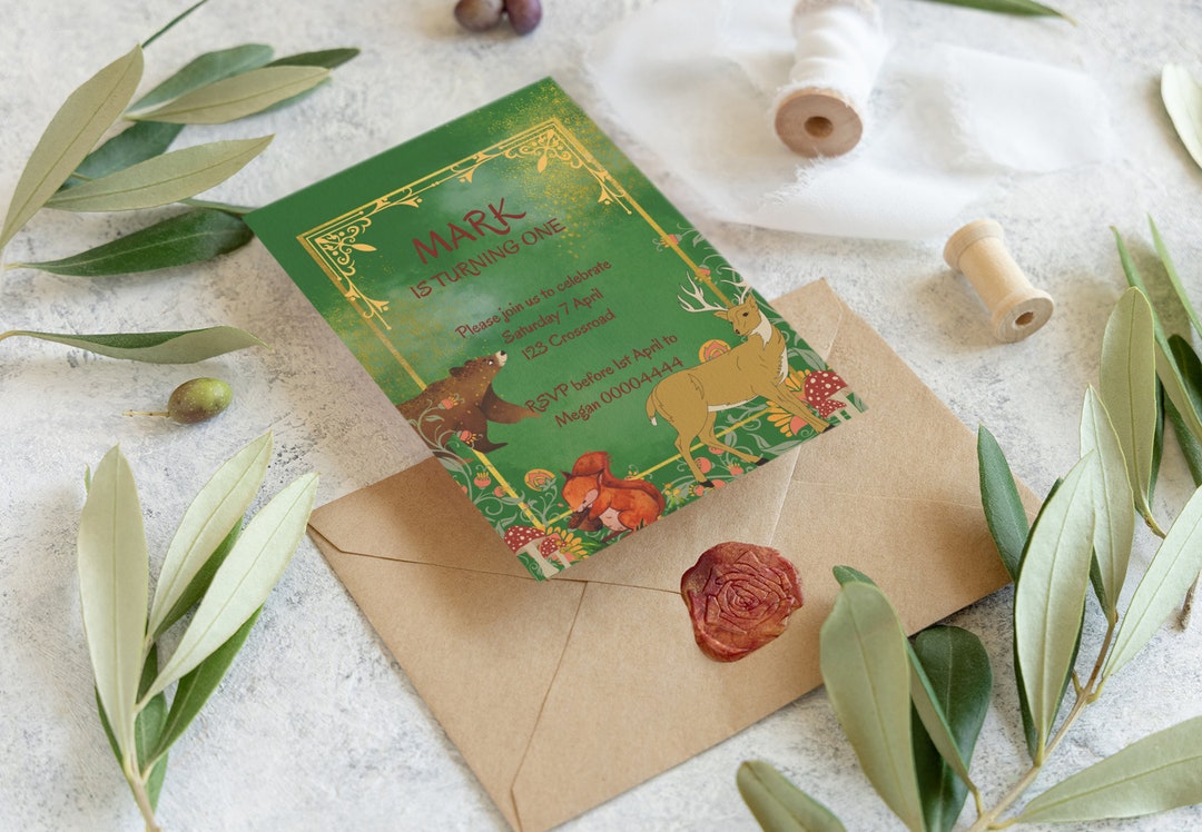 Elegant Forest Theme Children Birthday Invitation, Editable Template ...