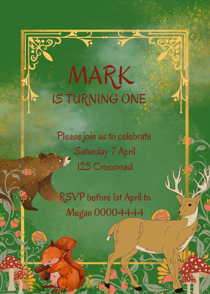 Elegant Forest Theme Children Birthday Invitation, Editable Template ...