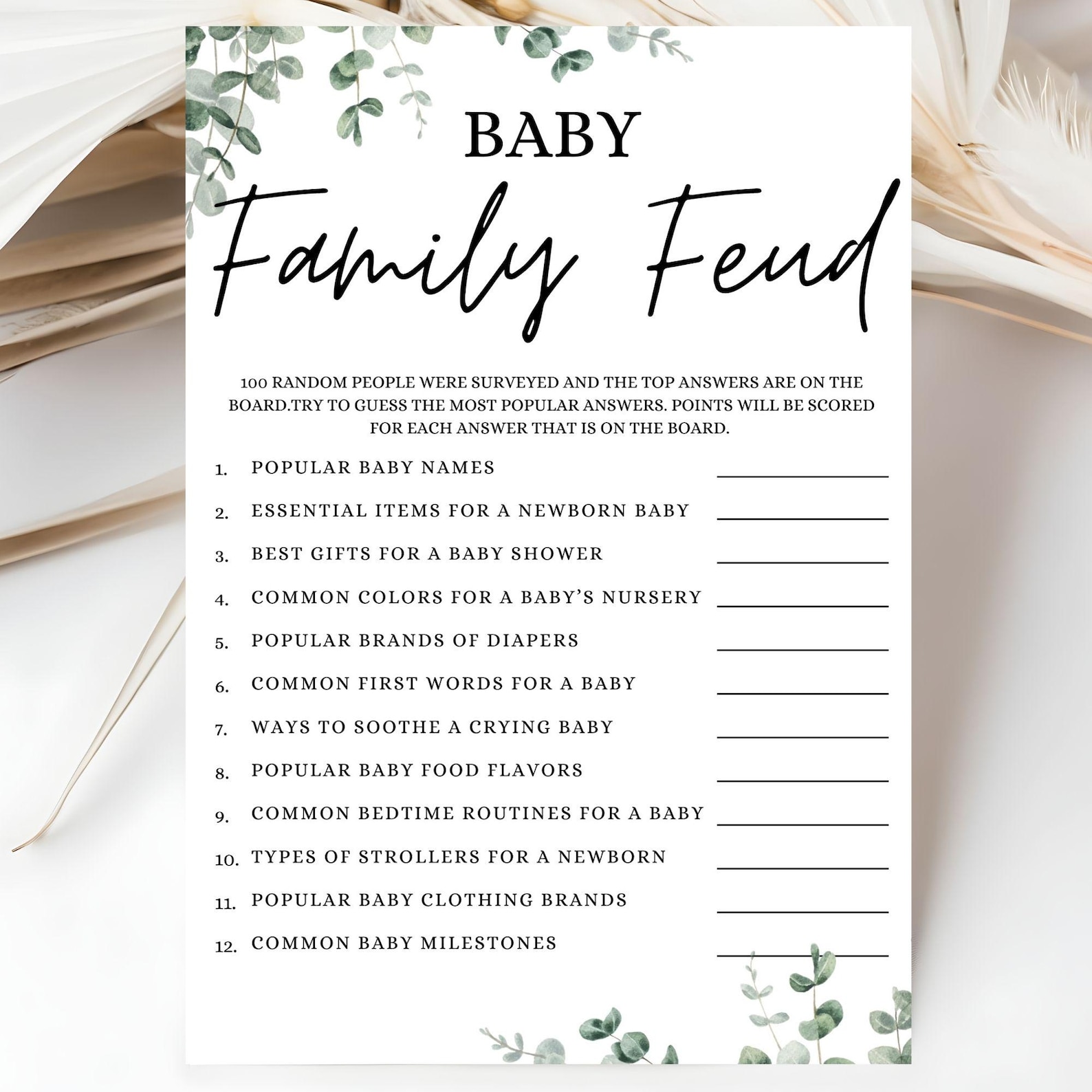 Greenery Baby Family Feud Game Eucalyptus Baby Shower Game Family Feud ...