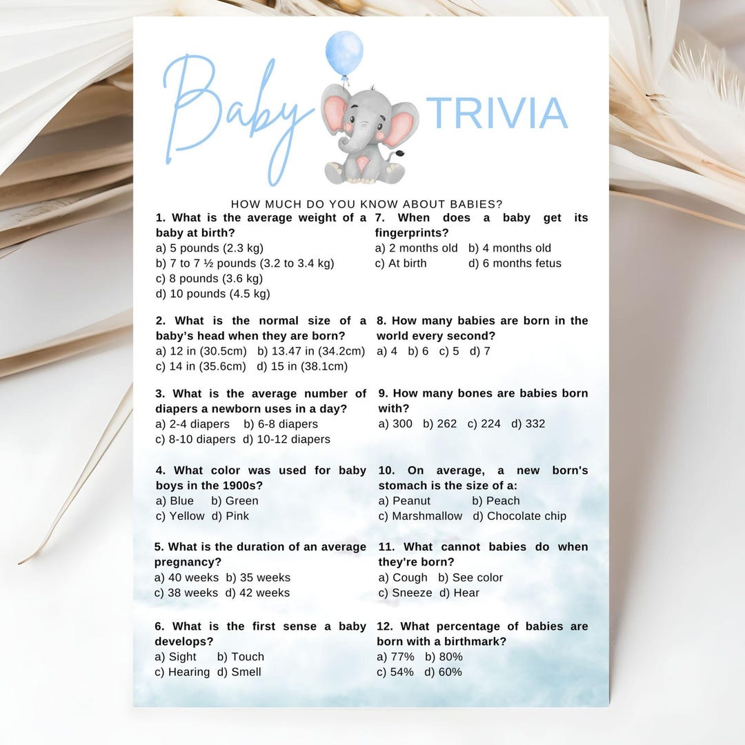 Elephant Baby Trivia Game Boho Baby Shower Game Trivia Quiz Trivia ...