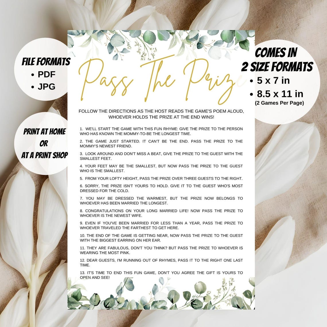 Gold Greenery Baby Shower Game Greenery Gold Pass the Prize Poem Rhyme ...