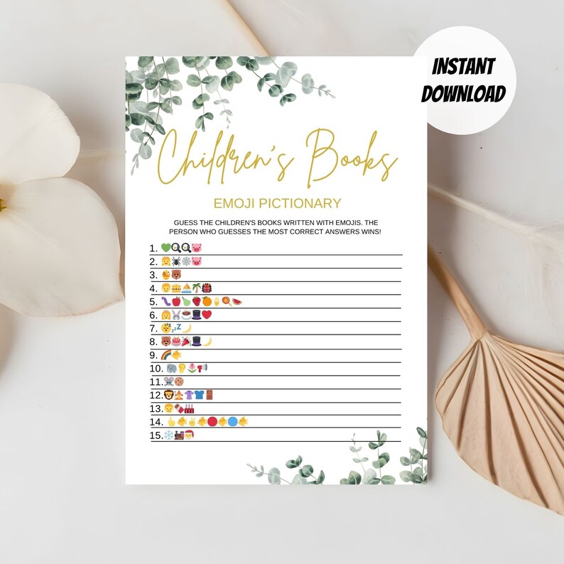 Greenery Gold Children's Book Emoji Pictionary Game Baby Shower Emoji ...