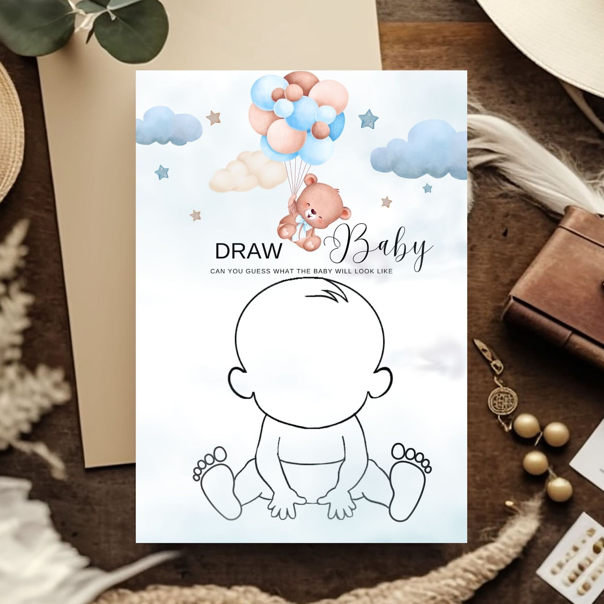 Draw the Baby Shower Game Bearly Wait Draw Baby Game Template Brown ...