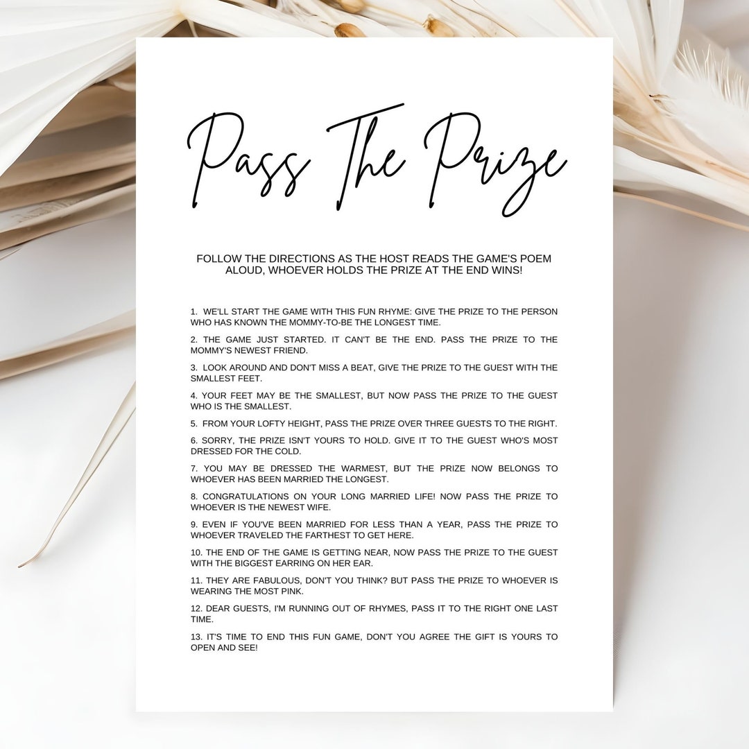 Pass the Prize Rhyme Game Baby Shower Game Baby Shower Idea Minimalist ...
