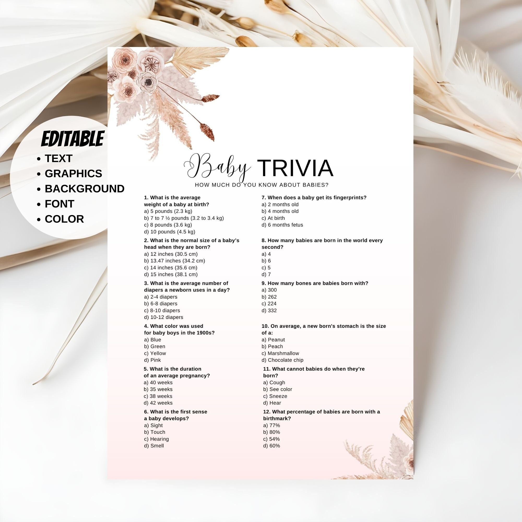 Pampas Baby Shower Trivia Game Pampas Baby Shower Game Baby Facts ...