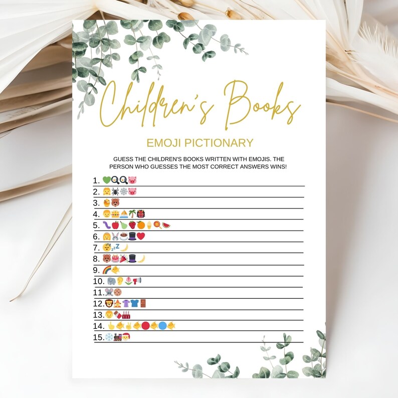 Greenery Gold Children's Book Emoji Pictionary Game Baby Shower Emoji ...