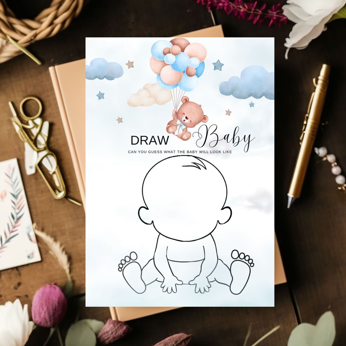Draw the Baby Shower Game Bearly Wait Draw Baby Game Template Brown ...