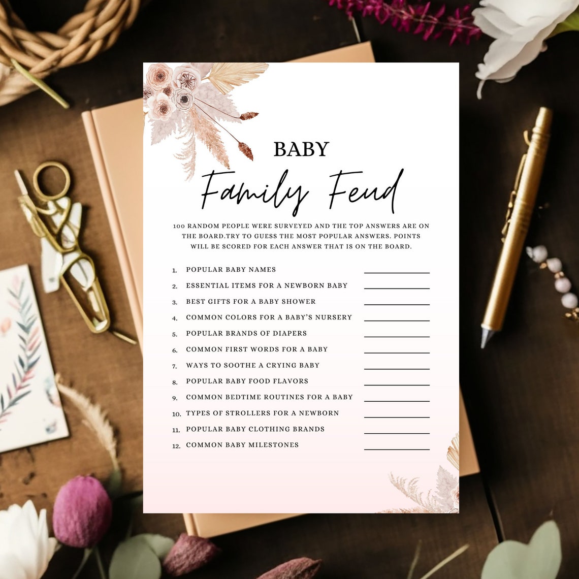 Pampas Baby Feud Game Pink Pampas Boho Baby Shower Feud Family Feud ...