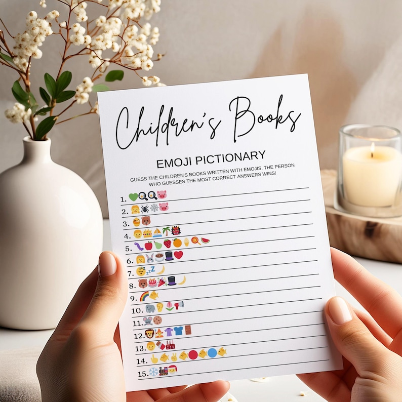 Minimalist Children's Book Emoji Pictionary Game Minimalist Baby Shower ...