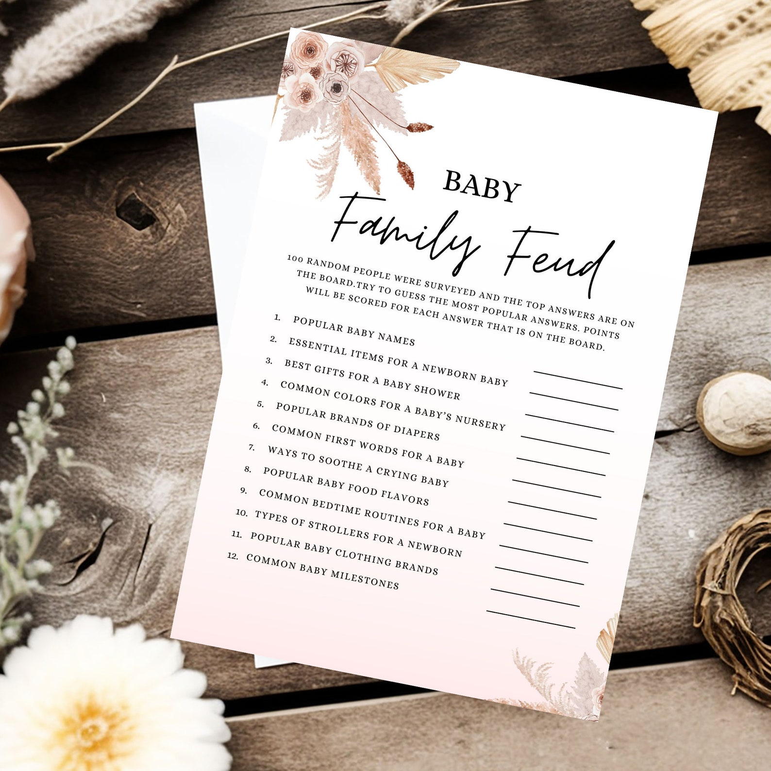 Pampas Baby Feud Game Pink Pampas Boho Baby Shower Feud Family Feud ...