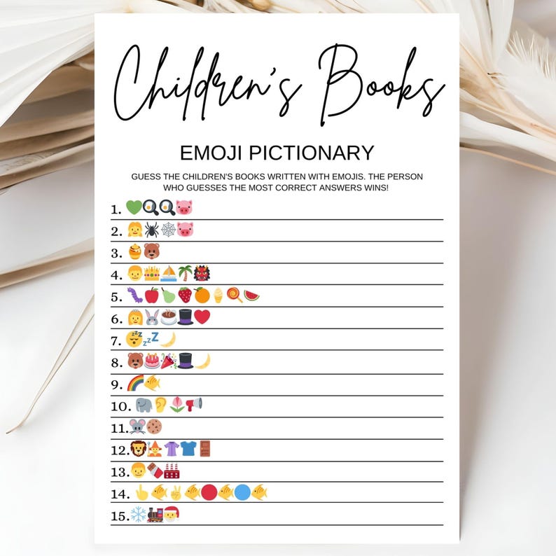 Minimalist Children's Book Emoji Pictionary Game Minimalist Baby Shower ...