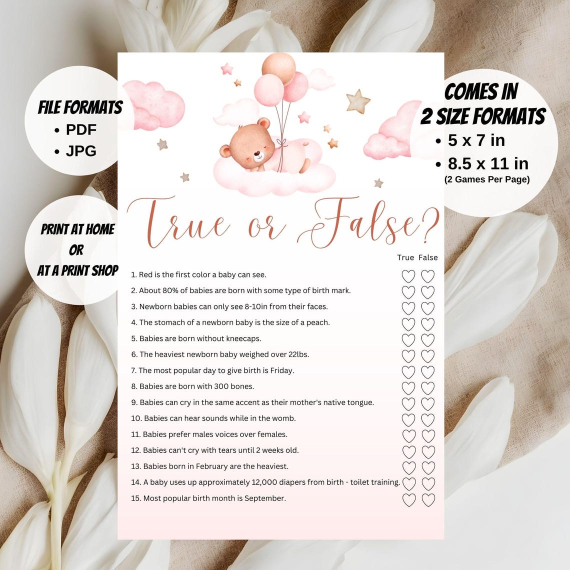 Brown Bear True or False Cards Baby Shower Game Baby True False Game ...