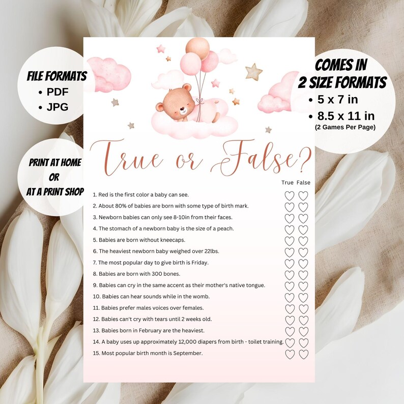 Brown Bear True or False Cards Baby Shower Game Baby True False Game ...