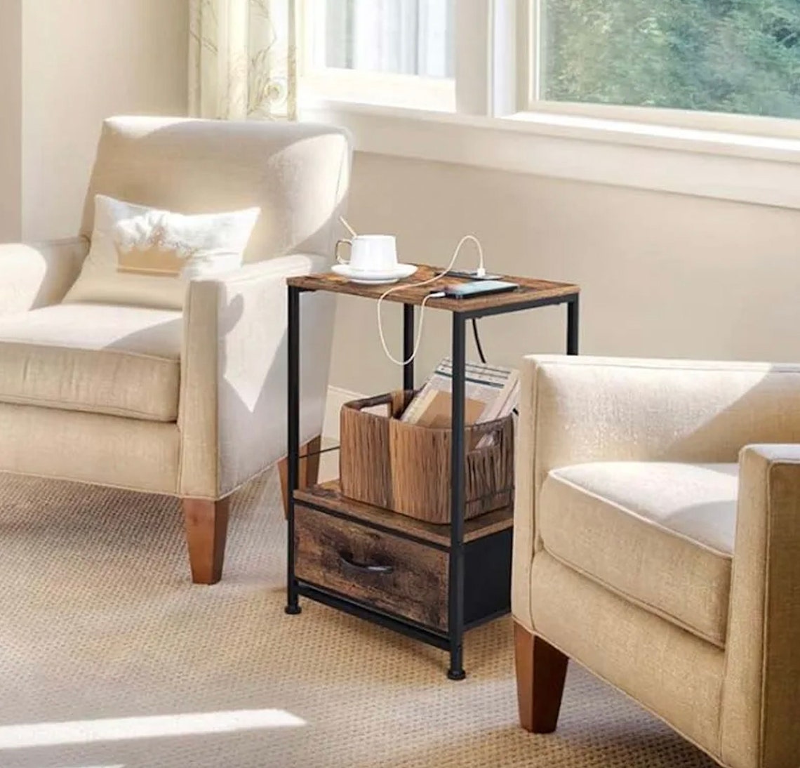 Rustic Industrial Nightstand With Charging Station - Etsy