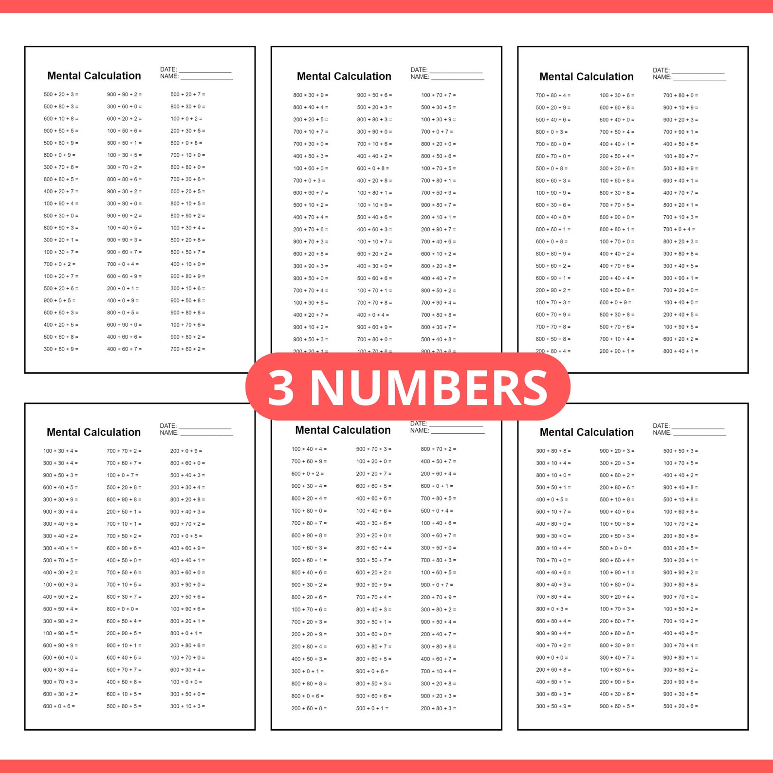Mental Calculation Math Worksheet for School Printable Instant Download ...