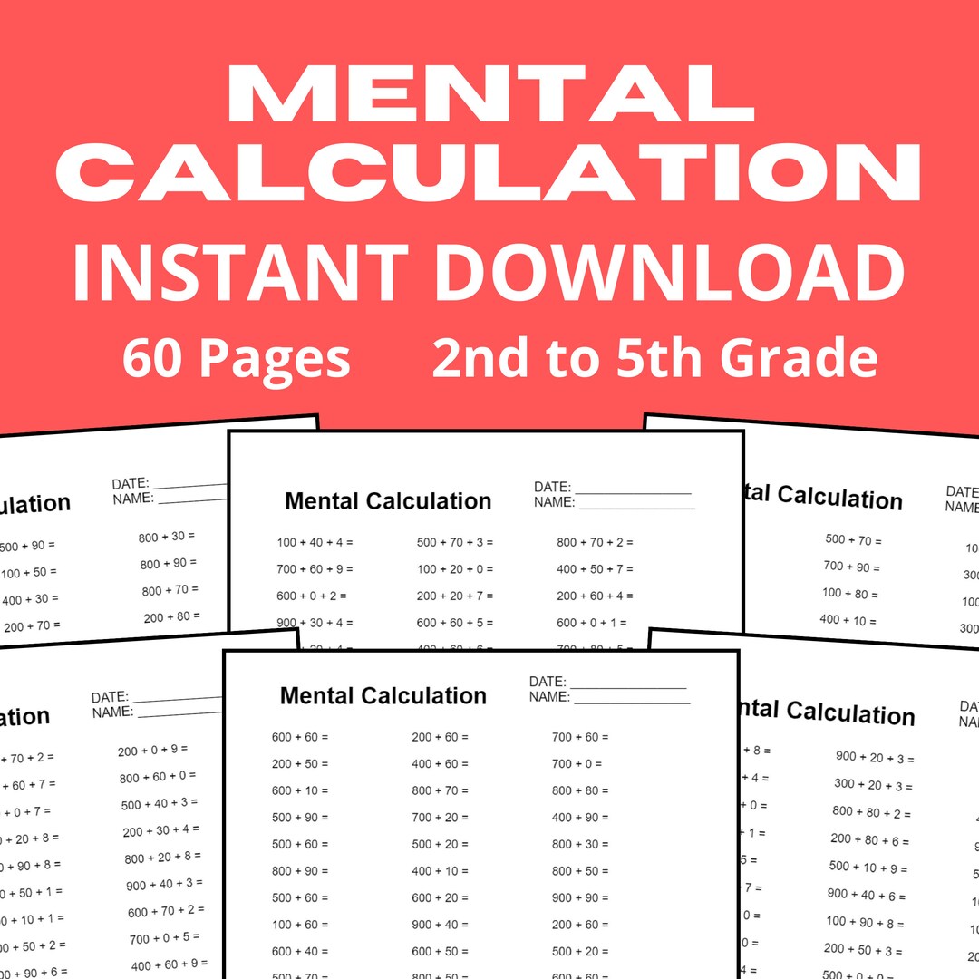 Mental Calculation Math Worksheet for School Printable Instant Download ...
