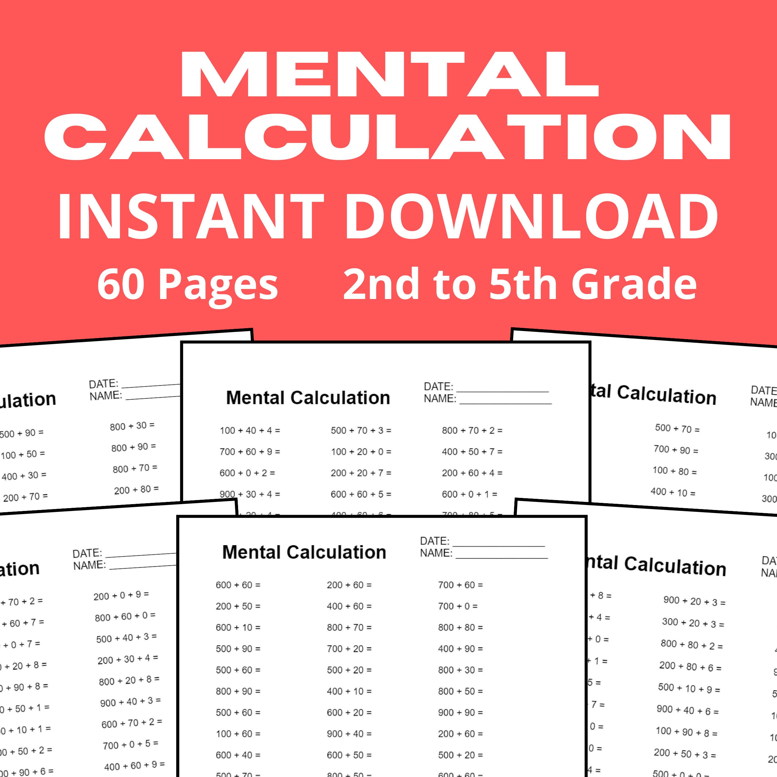 Mental Calculation Math Worksheet for School Printable Instant Download ...