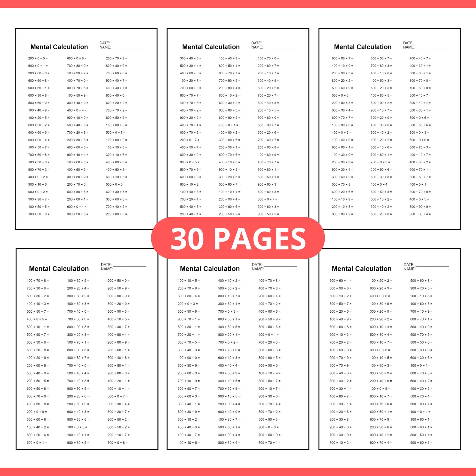 Mental Calculation Math Worksheet for School Printable Instant Download ...