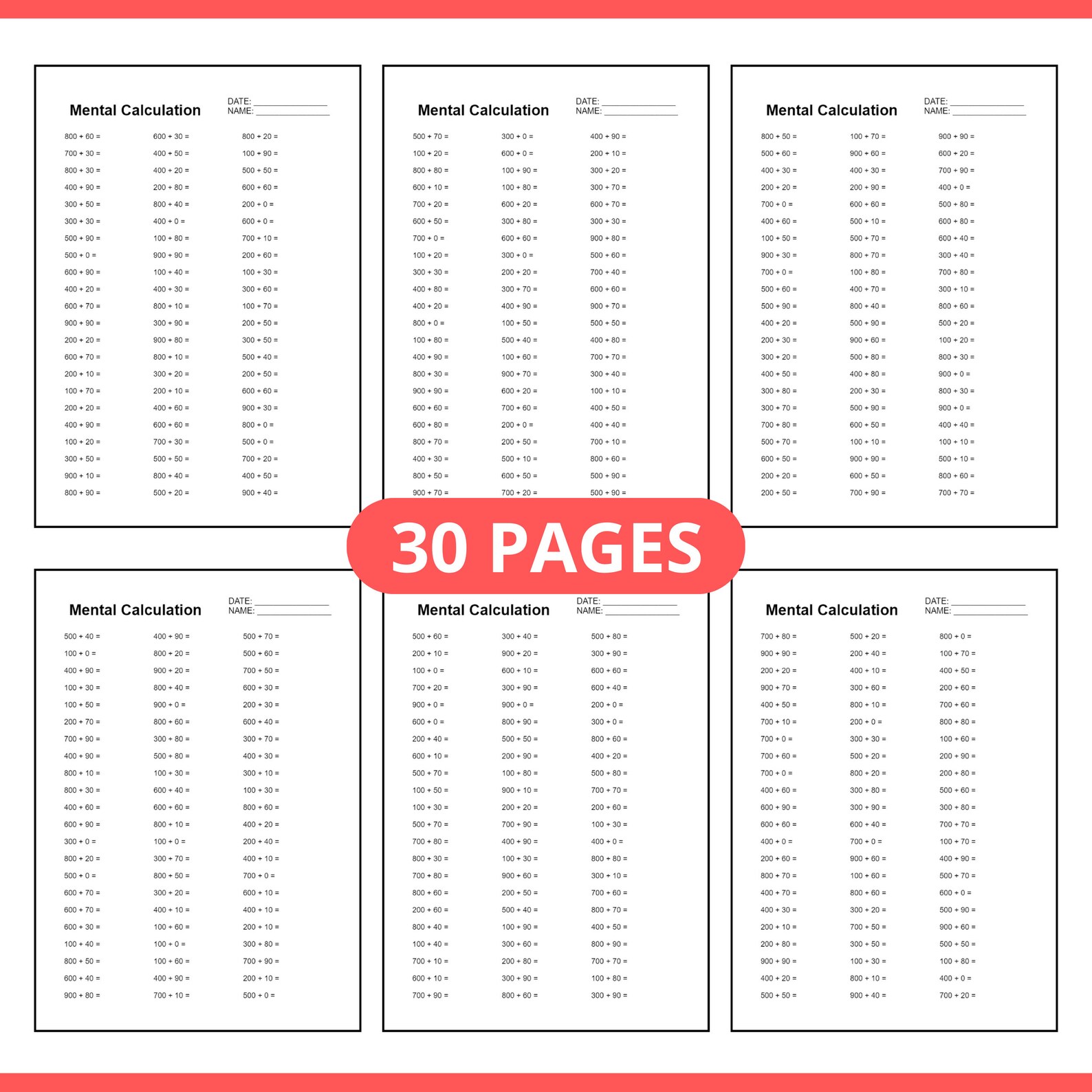 Mental Calculation Math Worksheet for School Printable Instant Download ...