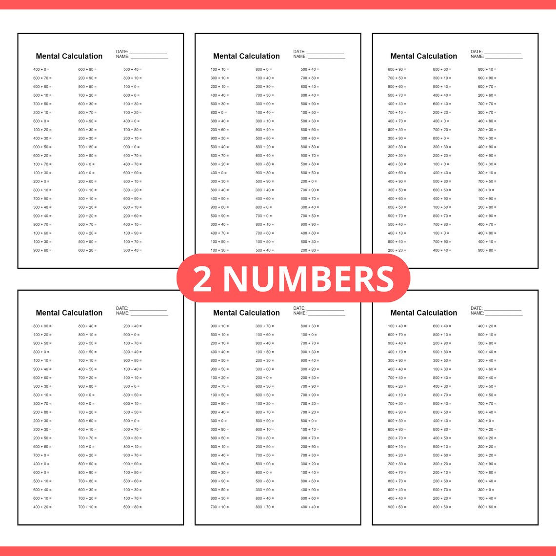 Mental Calculation Math Worksheet for School Printable Instant Download ...