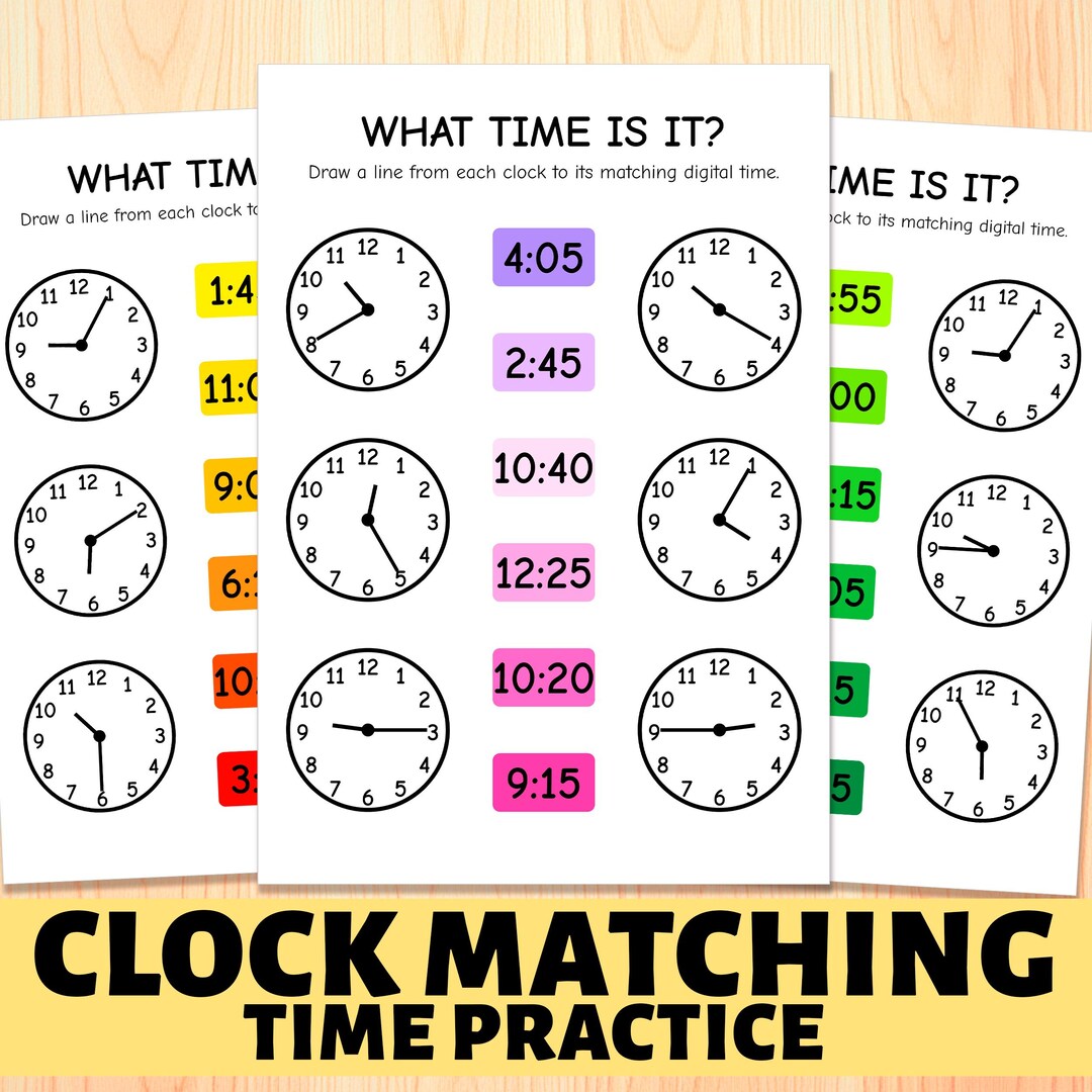 Clock Matching Time Practice Printable Telling Time Worksheet Kids ...