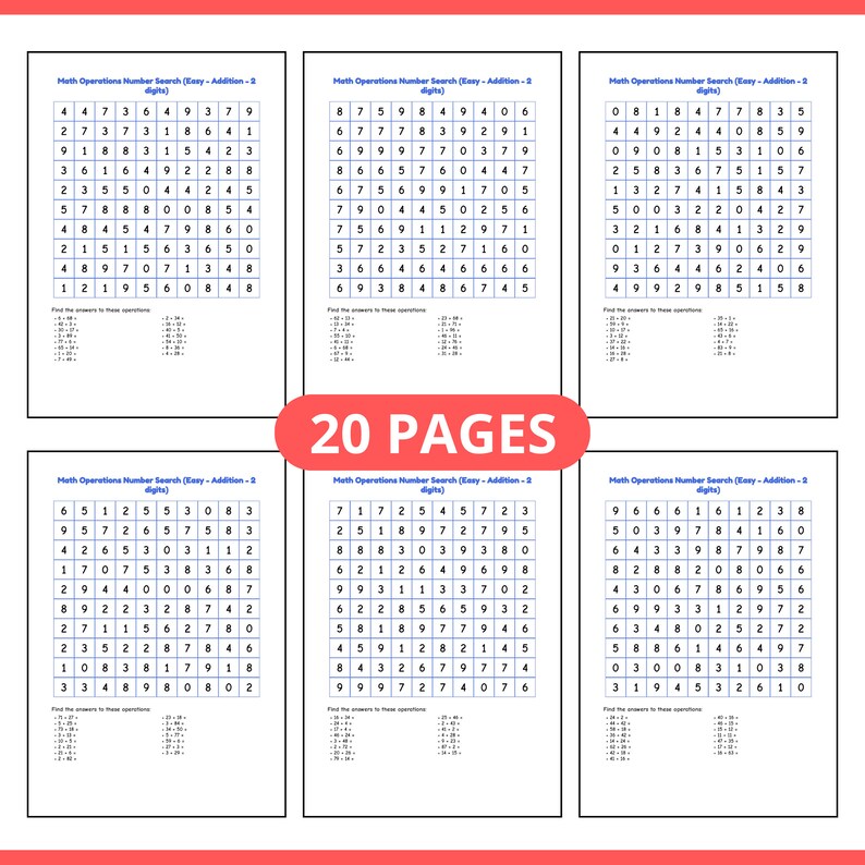Printable Math Operations Number Search Puzzles for Kids Fun Addition ...