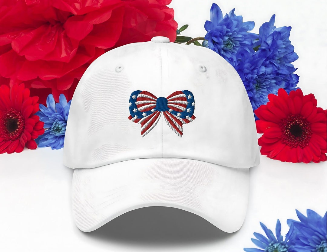 Coquette Bow Hat, USA Patriotic, Memorial Day Ponytail Hat, Embroidery ...