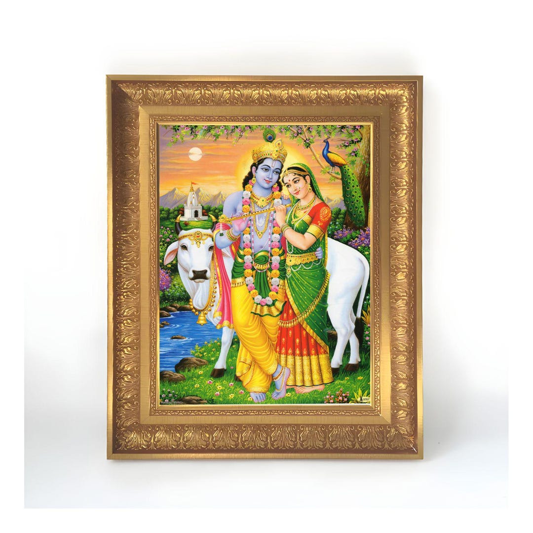 Divine Outlets Lord Shri Radha Krishna With Kamadhenu Gold Embossed ...