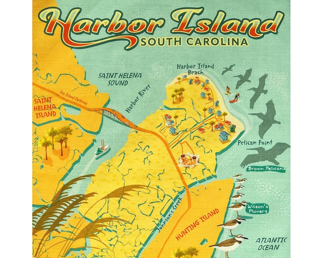 Tea Towel Illustrated Map of Harbor Island, South Carolina - Etsy