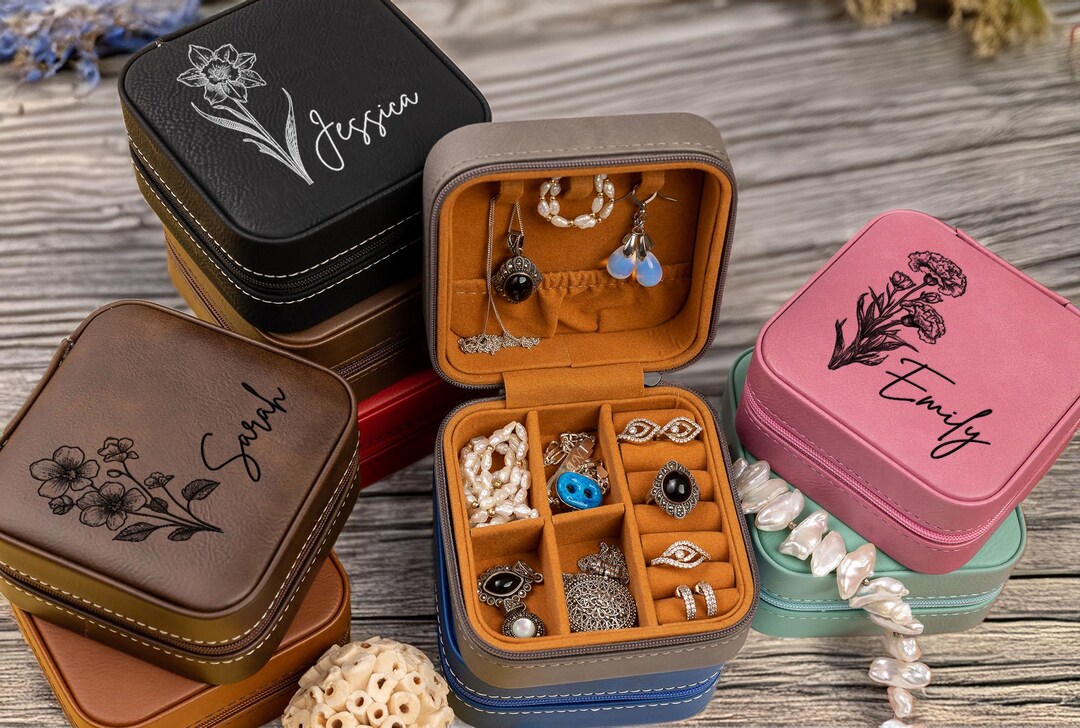 Birth Flower Jewelry Travel Case, Birth Month Flower Gift, Personalized ...