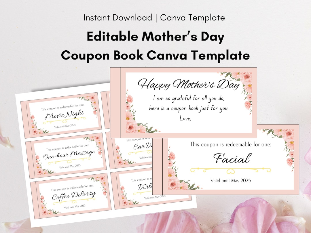 Mothers Day Coupon Book Canva Template Customizable Printable Coupon ...