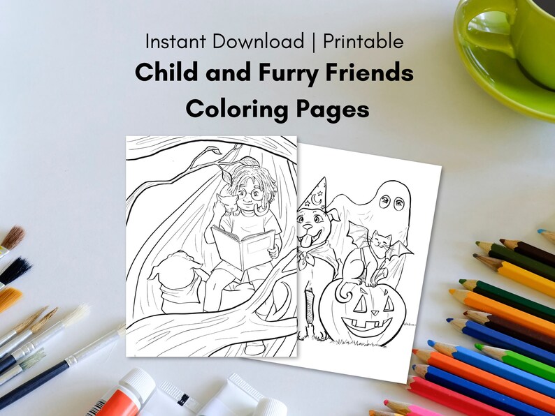 Child and Furry Friends Printable Coloring Pages | Instant Digital ...