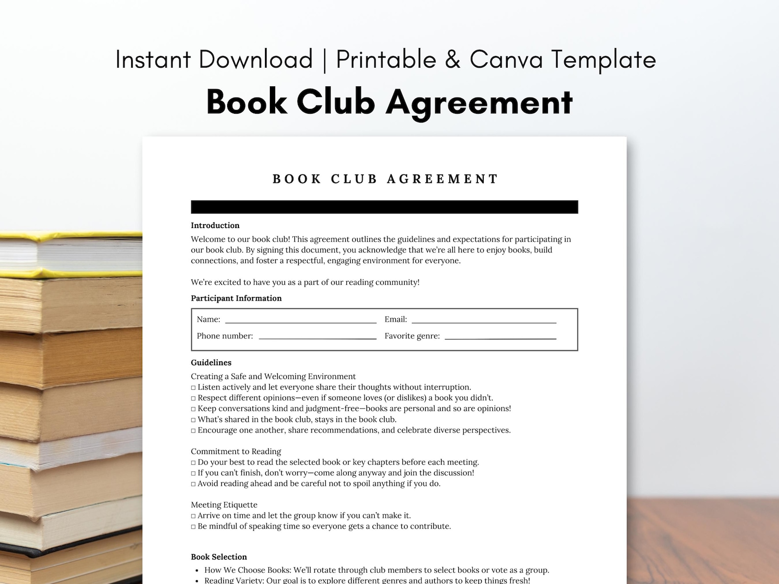 Book Club Agreement Contract | Printable and Editable Canva Template ...