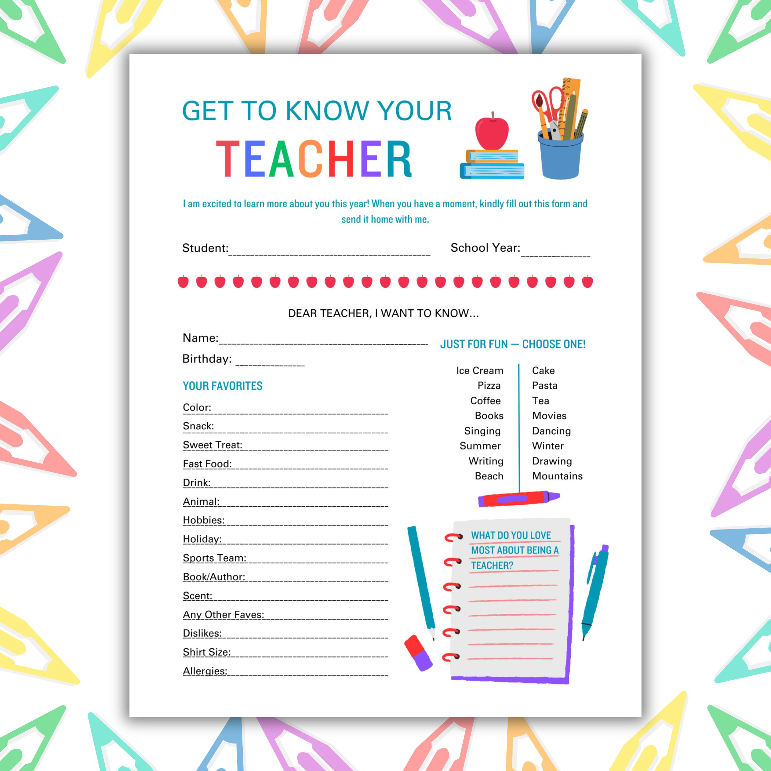 Teacher Favorite Things Questionnaire, All About My Teacher, Get to ...